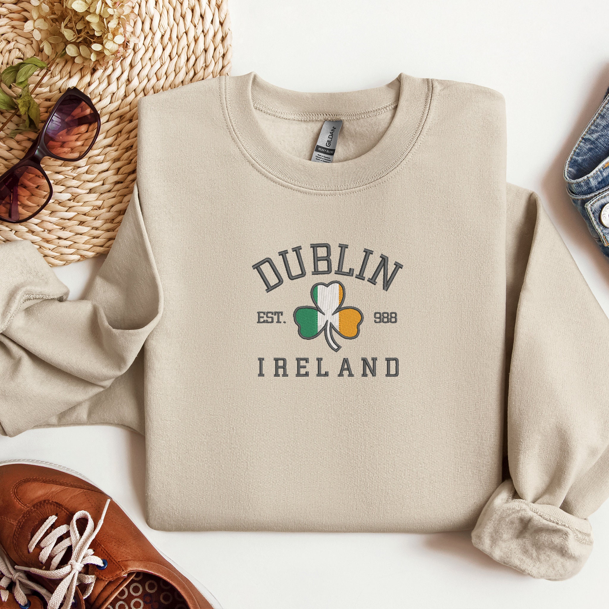 Embroidered Dublin Ireland Crewneck Irish Flag Shamrock Design Irish ...