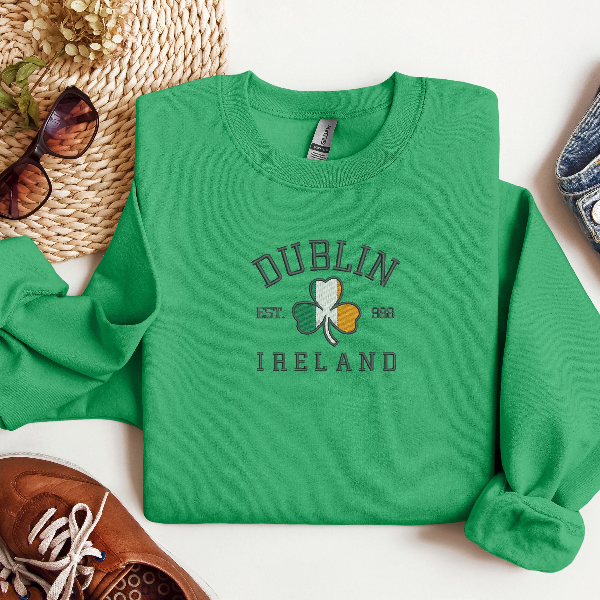 Embroidered Dublin Ireland Crewneck Irish Flag Shamrock Design Irish ...