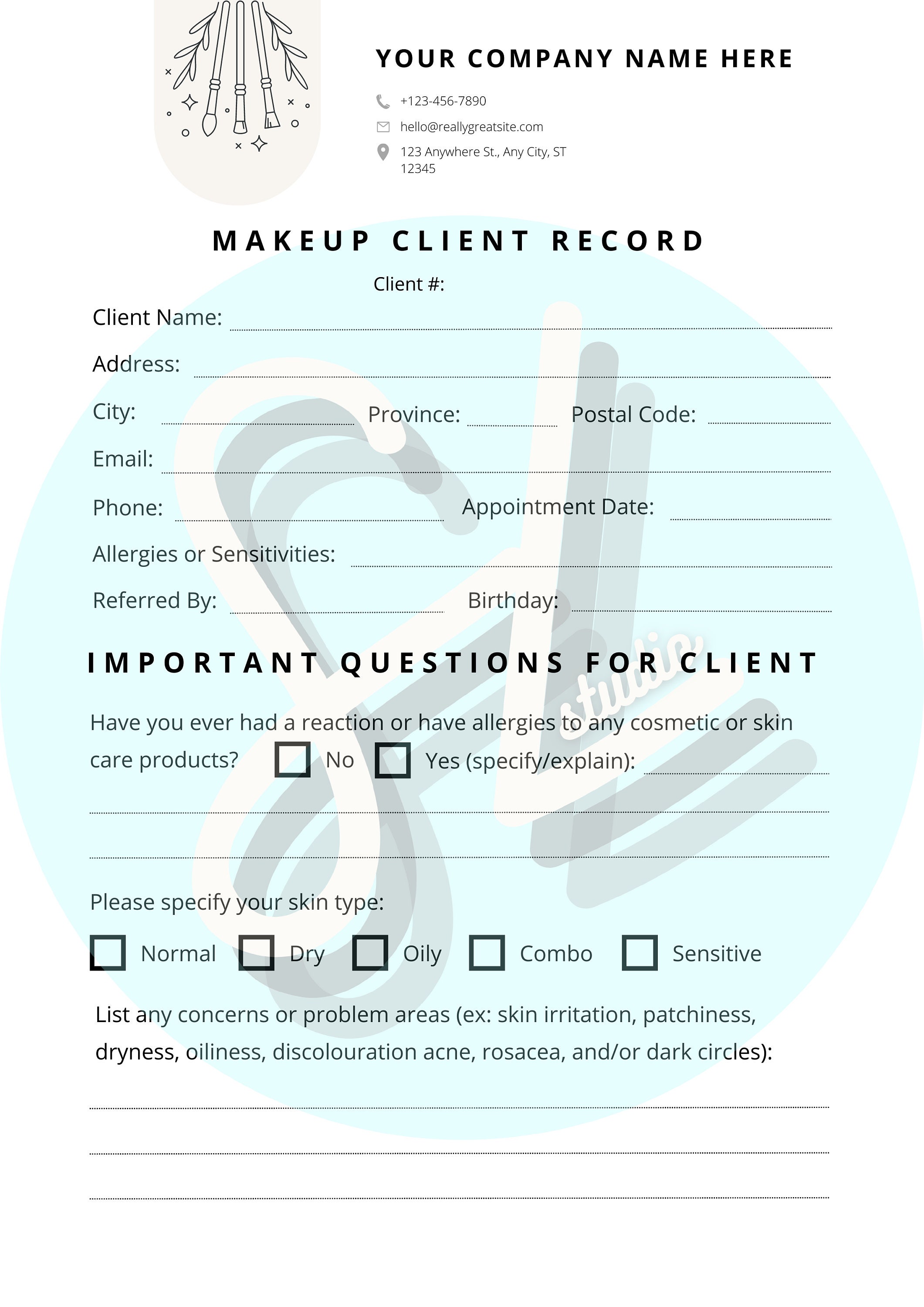 Editable Makeup Client Record Makeup Artist Face Chart Makeup Artist
