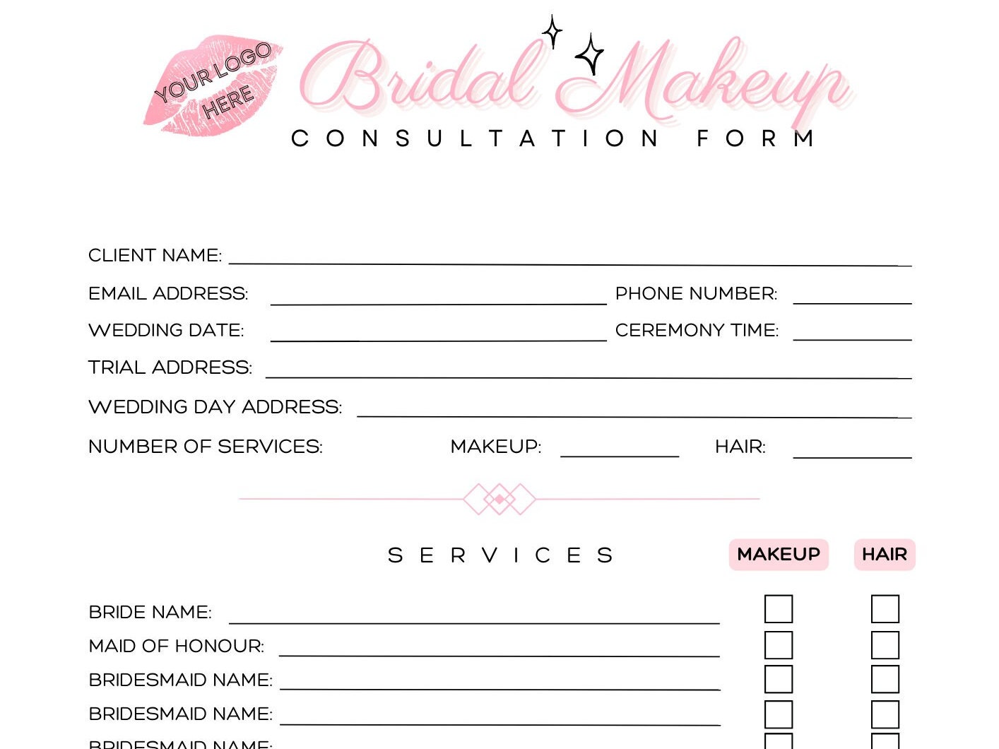 EDITABLE Bridal Makeup Consultation Form Template Bridal - Etsy
