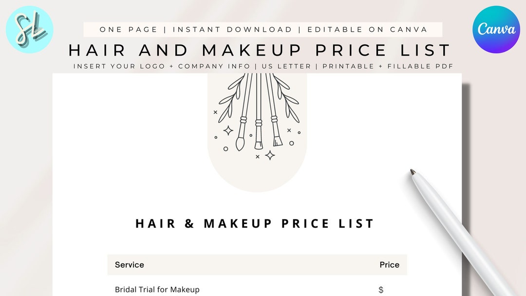EDITABLE Hair and Makeup Price Template, Hmua Pricing Template, Price ...