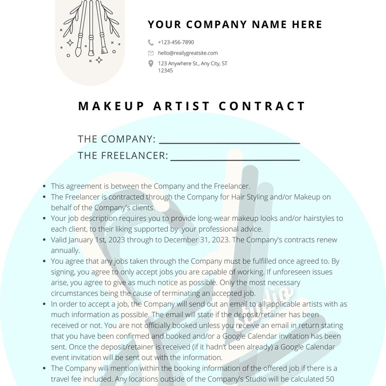EDITABLE 2023 Makeup Artist Contract, Subcontract Makeup Artists ...