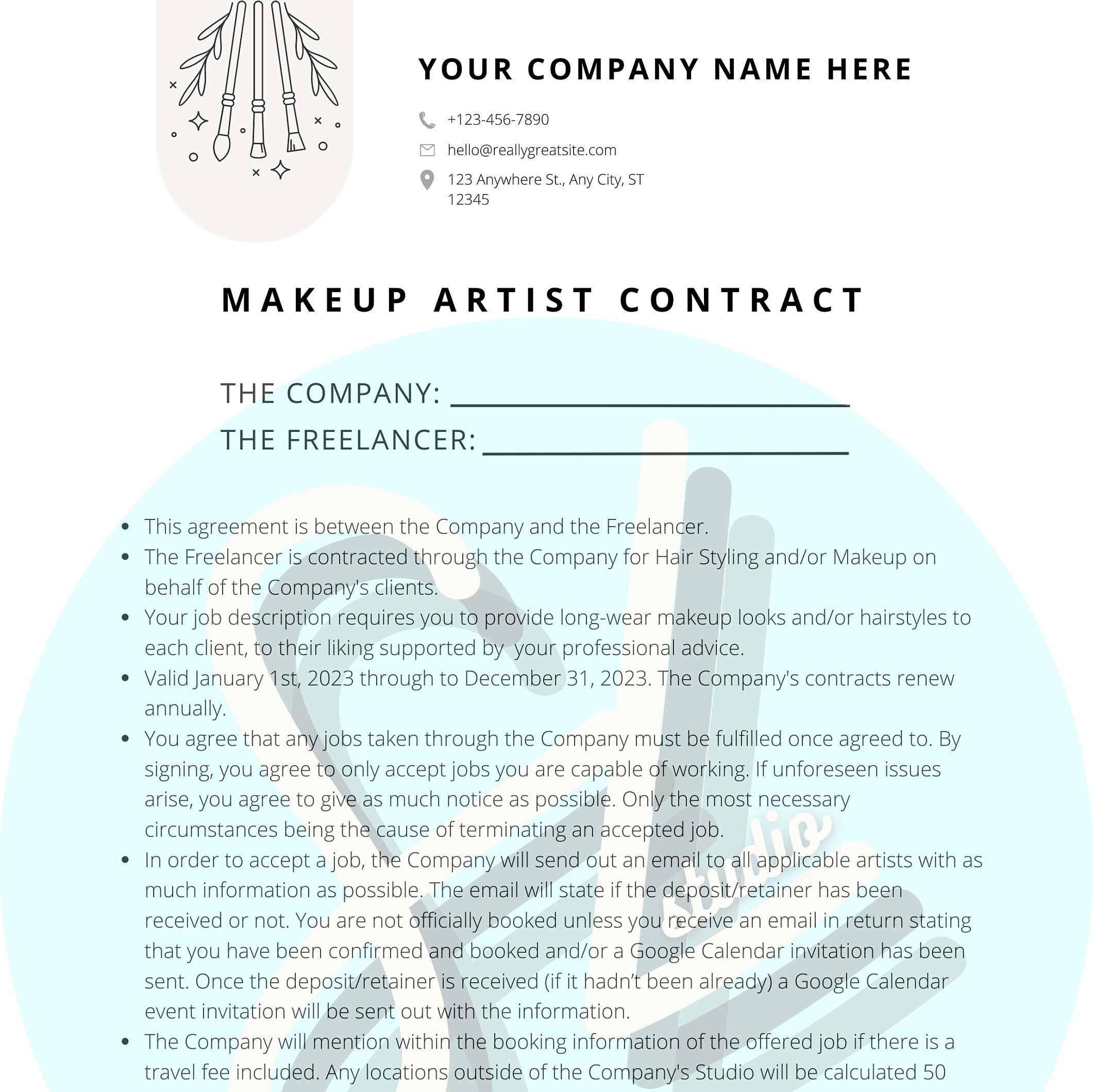 EDITABLE 2023 Makeup Artist Contract, Subcontract Makeup Artists ...