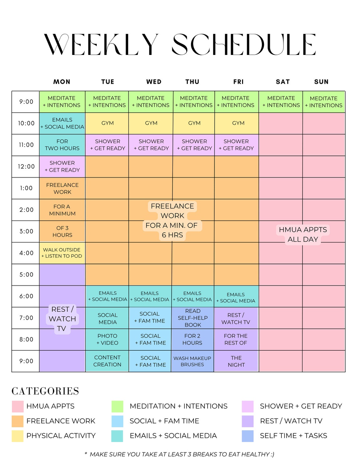 EDITABLE Freelance Weekly Schedule, Time Blocking Schedule, Colour ...