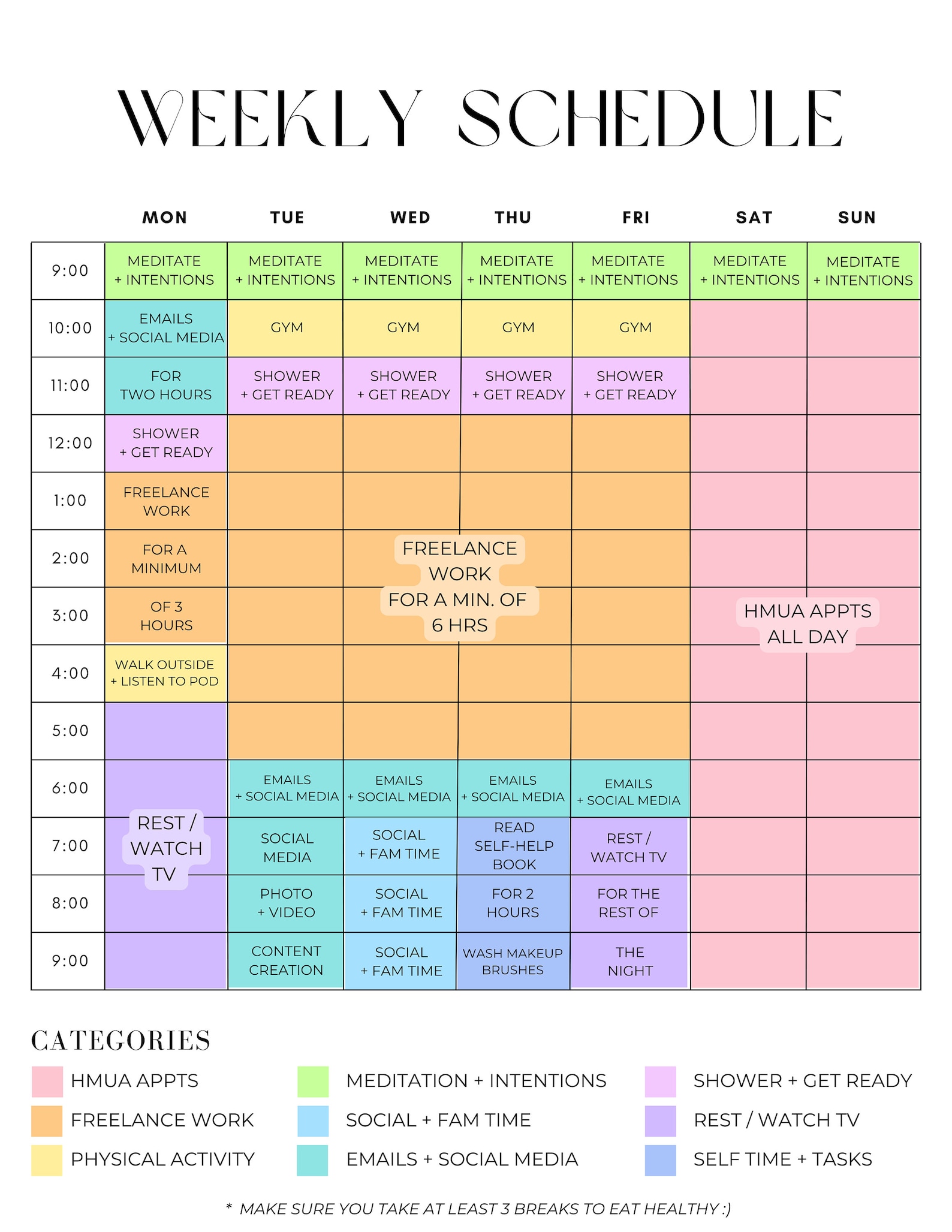 EDITABLE Freelance Weekly Schedule, Time Blocking Schedule, Colour ...