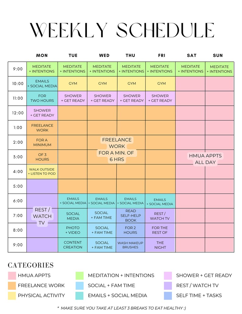 EDITABLE Freelance Weekly Schedule, Time Blocking Schedule, Colour ...
