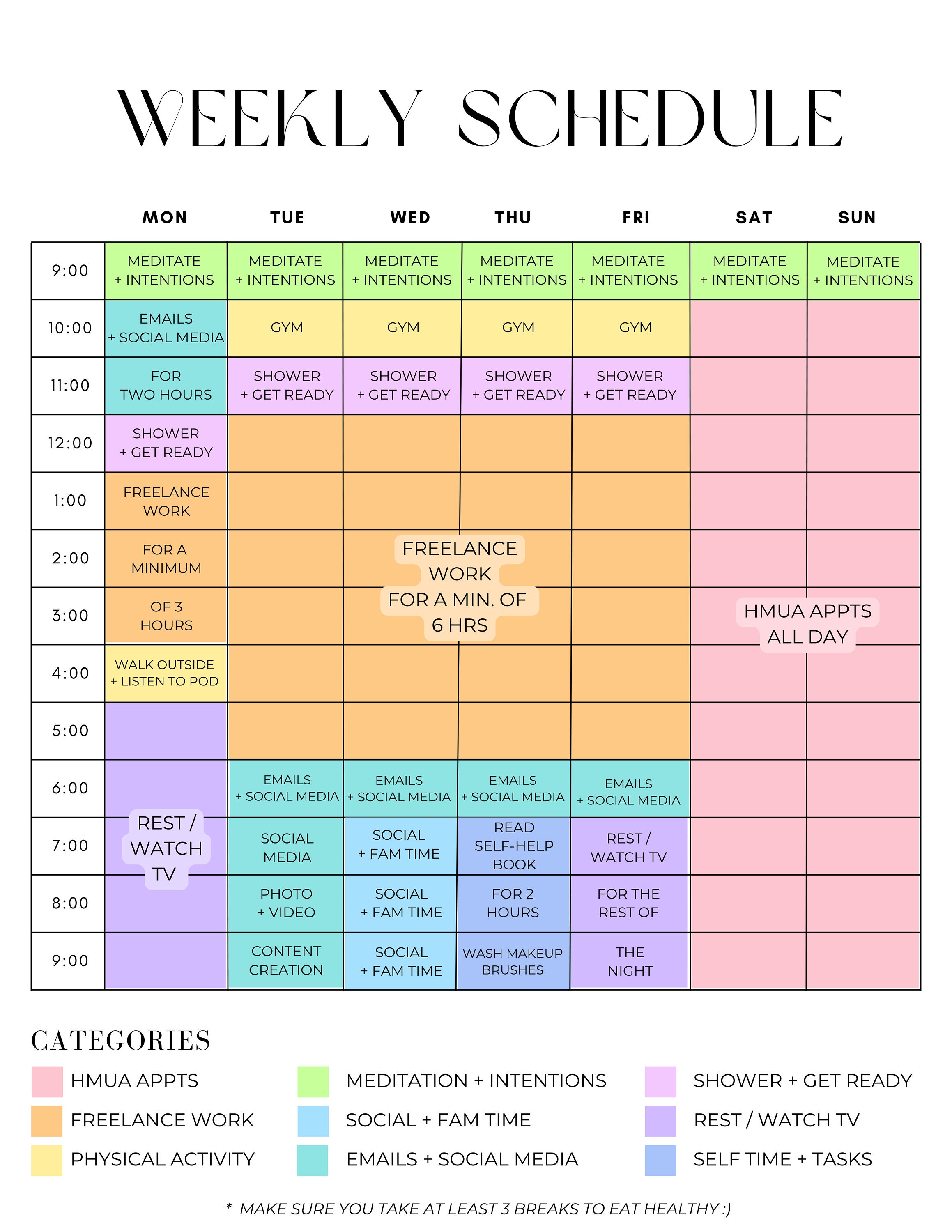 EDITABLE Freelance Weekly Schedule, Time Blocking Schedule, Colour ...