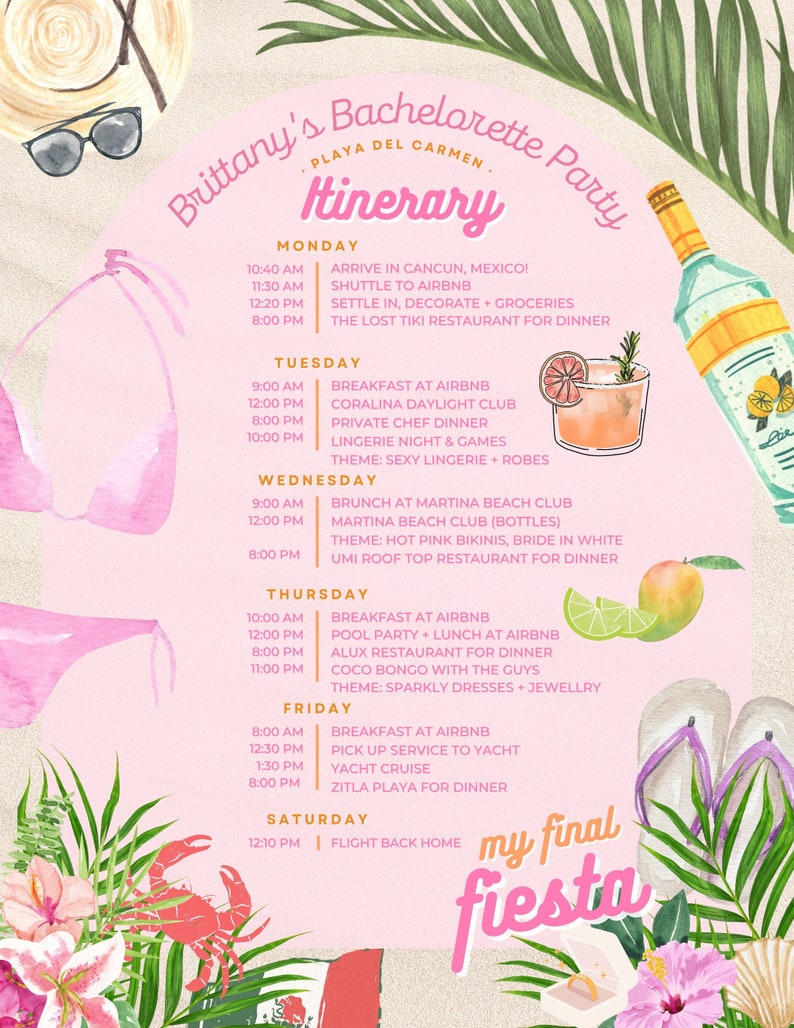 EDITABLE Bachelorette Itinerary, Travel Bachelorette Itinerary, Mexican ...