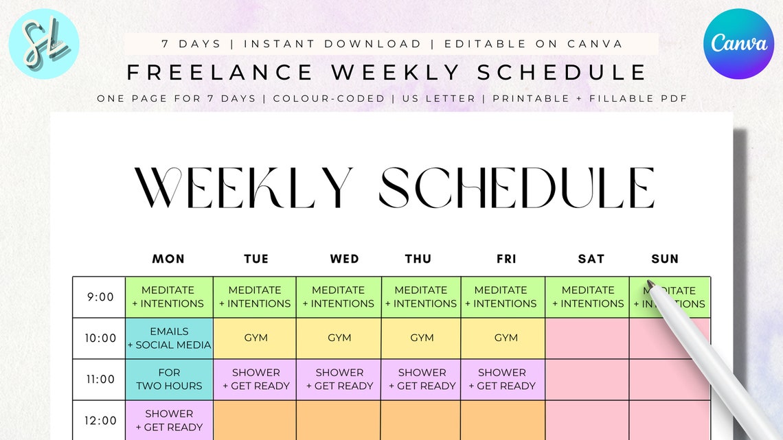 EDITABLE Freelance Weekly Schedule, Time Blocking Schedule, Colour ...