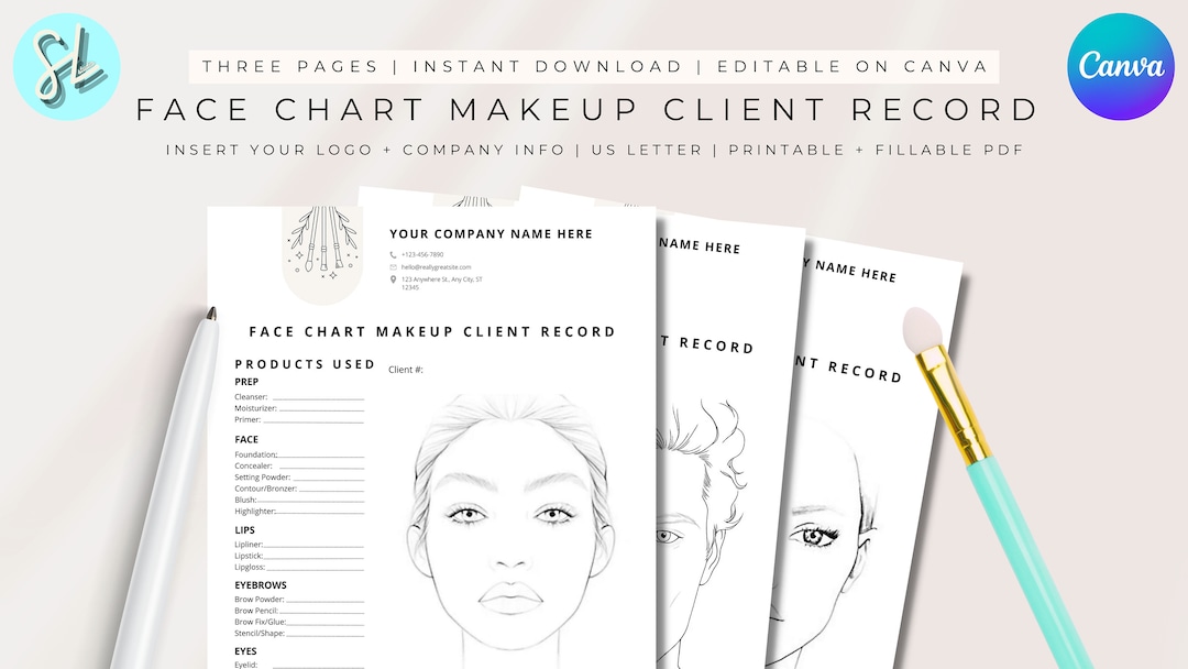 EDITABLE Face Chart Makeup Client Records, Makeup Artist Face Charts ...