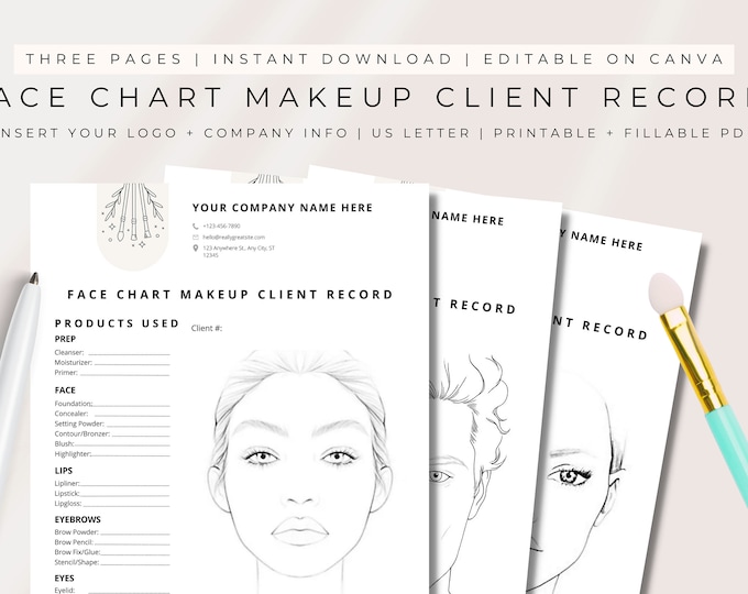 EDITABLE Face Chart Makeup Client Records, Makeup Artist Face Charts ...