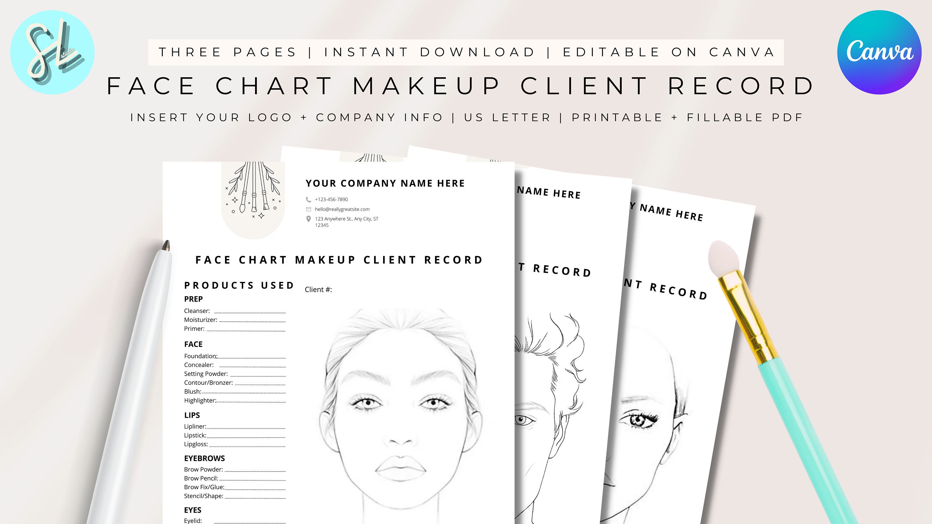 EDITABLE Face Chart Makeup Client Records, Makeup Artist Face Charts ...