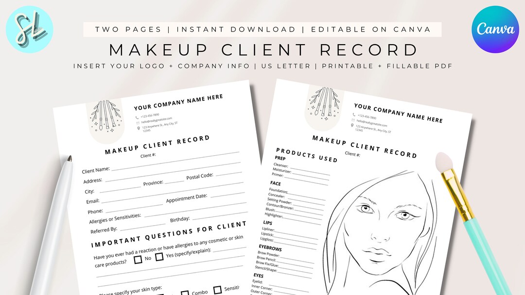 EDITABLE Makeup Client Record, Makeup Artist Face Chart, Makeup Artist ...