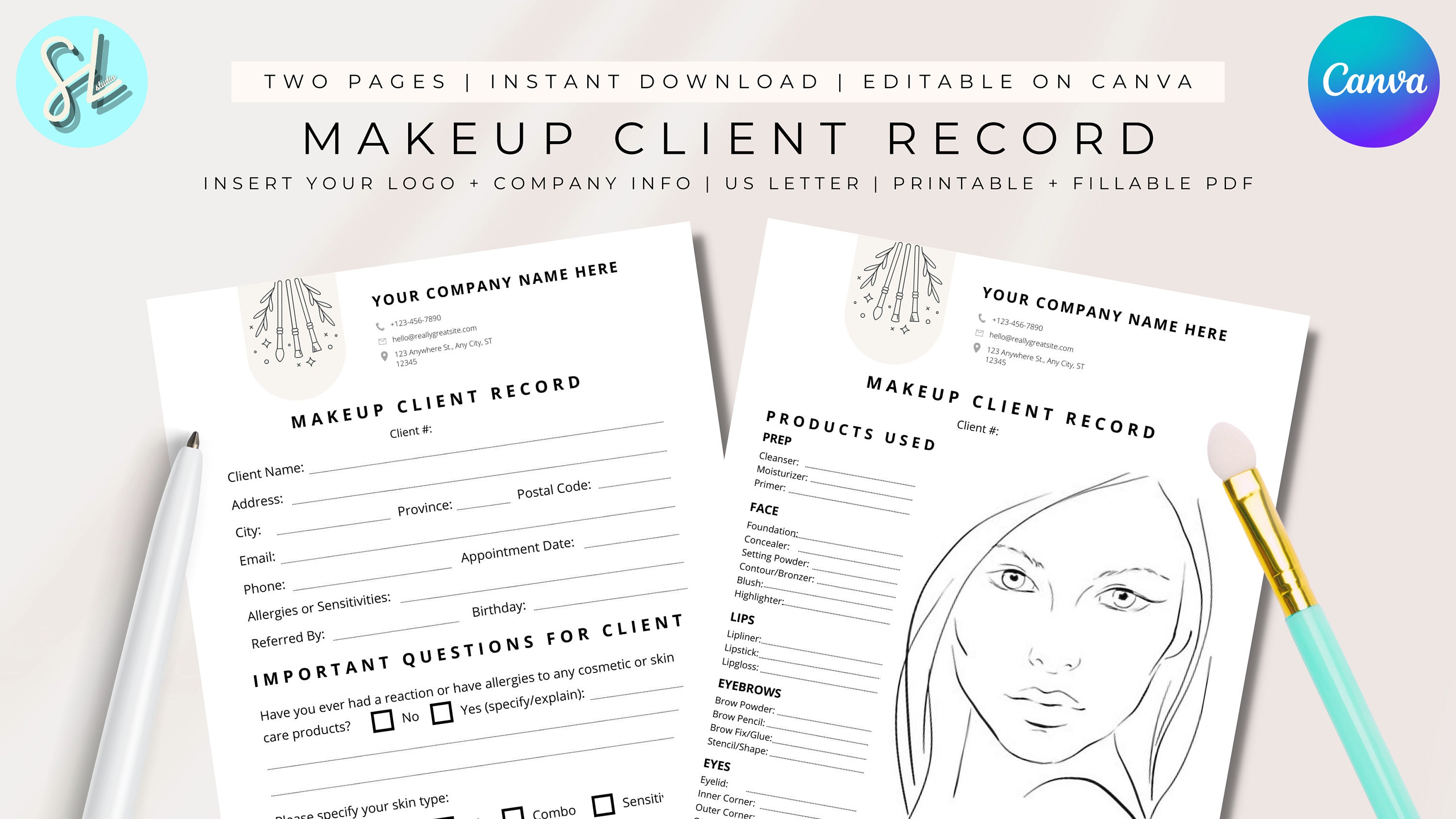 EDITABLE Makeup Client Record, Makeup Artist Face Chart, Makeup Artist ...
