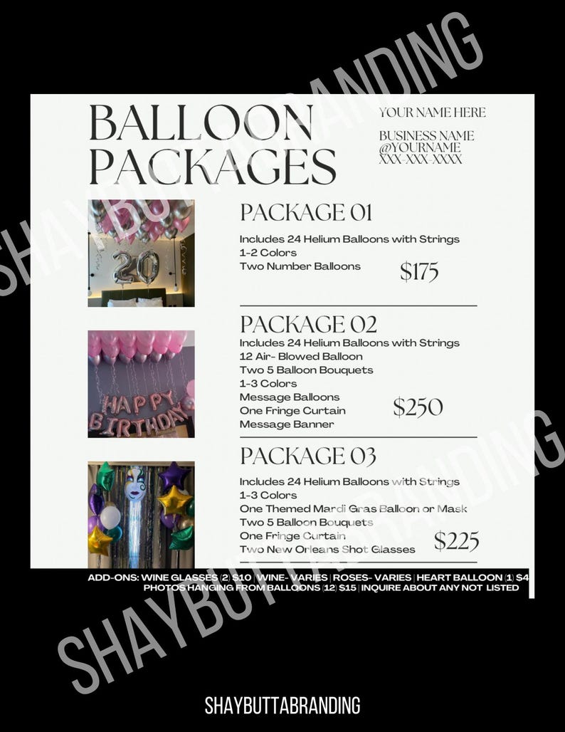 Editable Balloon Packages List | DIY - Canva Editable Template - Hotel ...