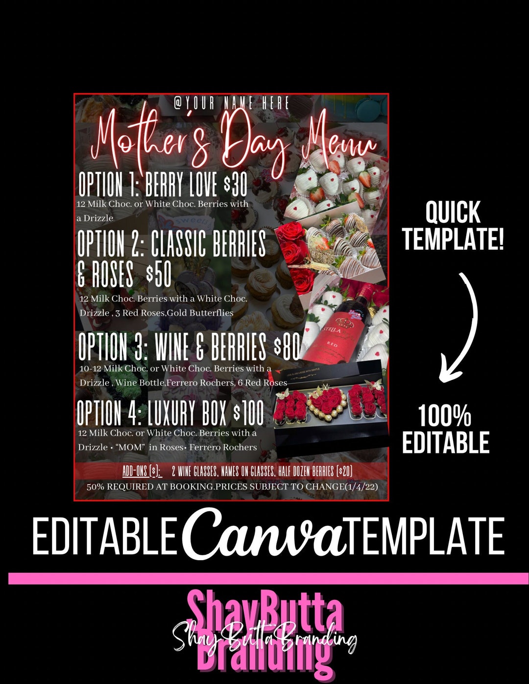 Editable Mother’s Day Menu| Instant DIY Food Flyer Canva Editable ...