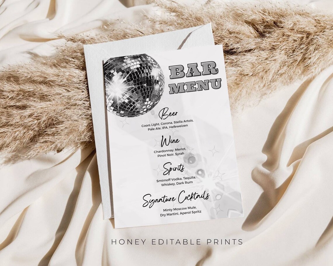 Disco Signature Drinks Menu,disco Bar Menu Black & White, Disco ...