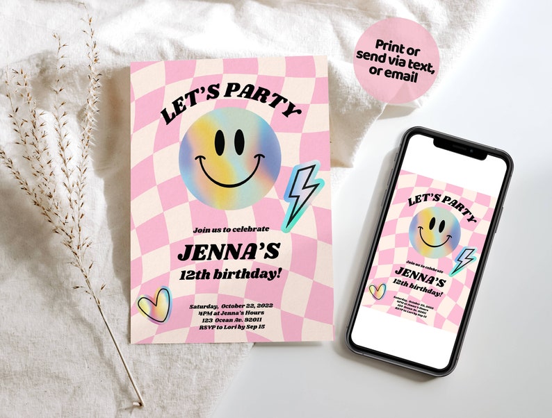 Smile Birthday Template Trendy Retro Birthday Invitation - Etsy