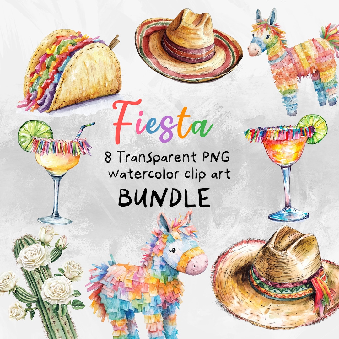 Fiesta Watercolor PNG Clipart Bundle: Taco, Piñata, Margarita (digital ...