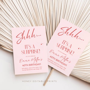 Pink Birthday Surprise Party Invitation, Printable Red Minimalist ...