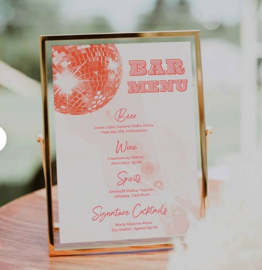 Disco Bar Menu, Retro Disco Drinks Menu, Disco Bachelorette Party ...