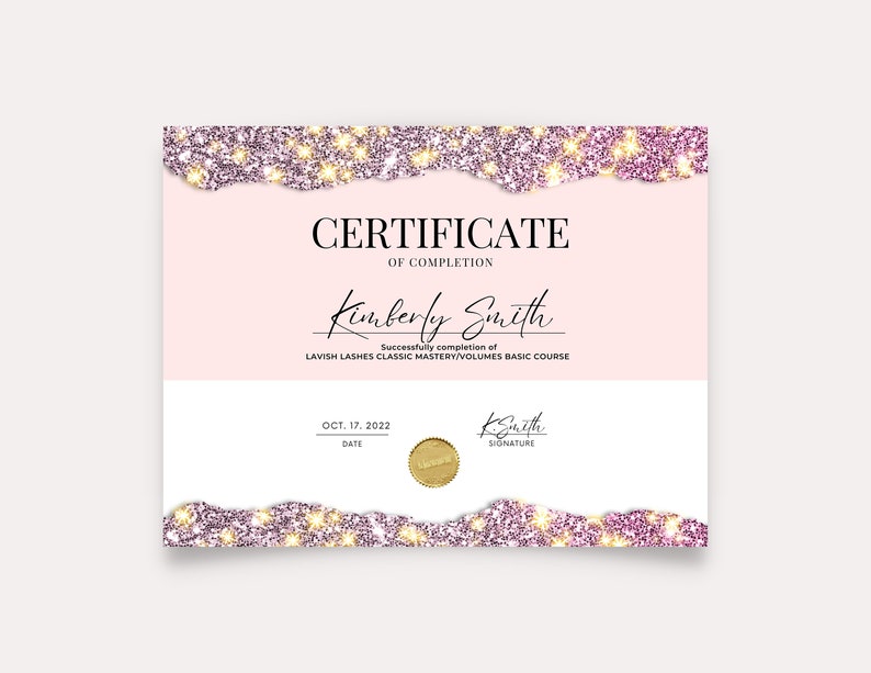 Editable Certificate of Completion Template Glitter Custom - Etsy
