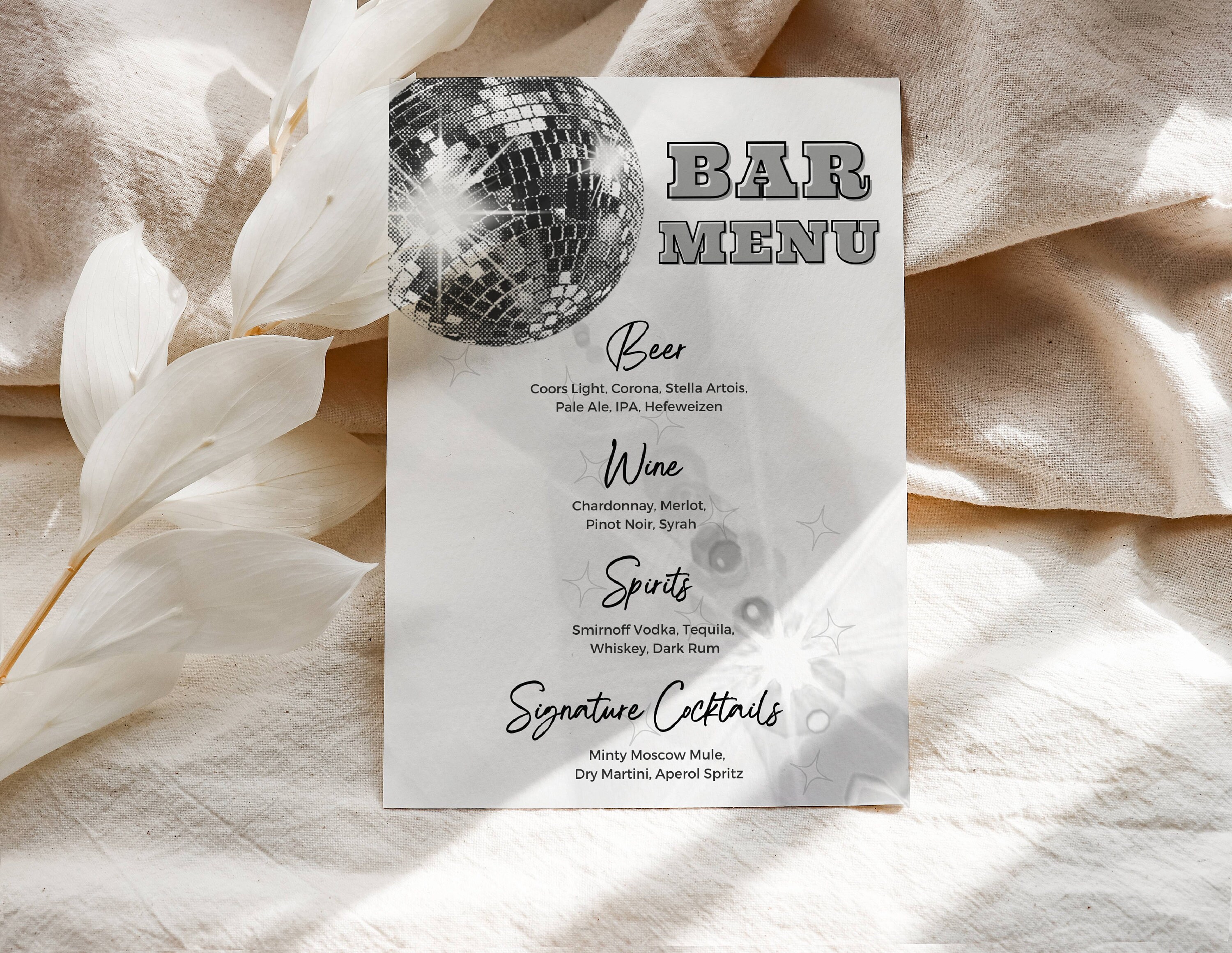 Disco Signature Drinks Menu,disco Bar Menu Black & White, Disco ...