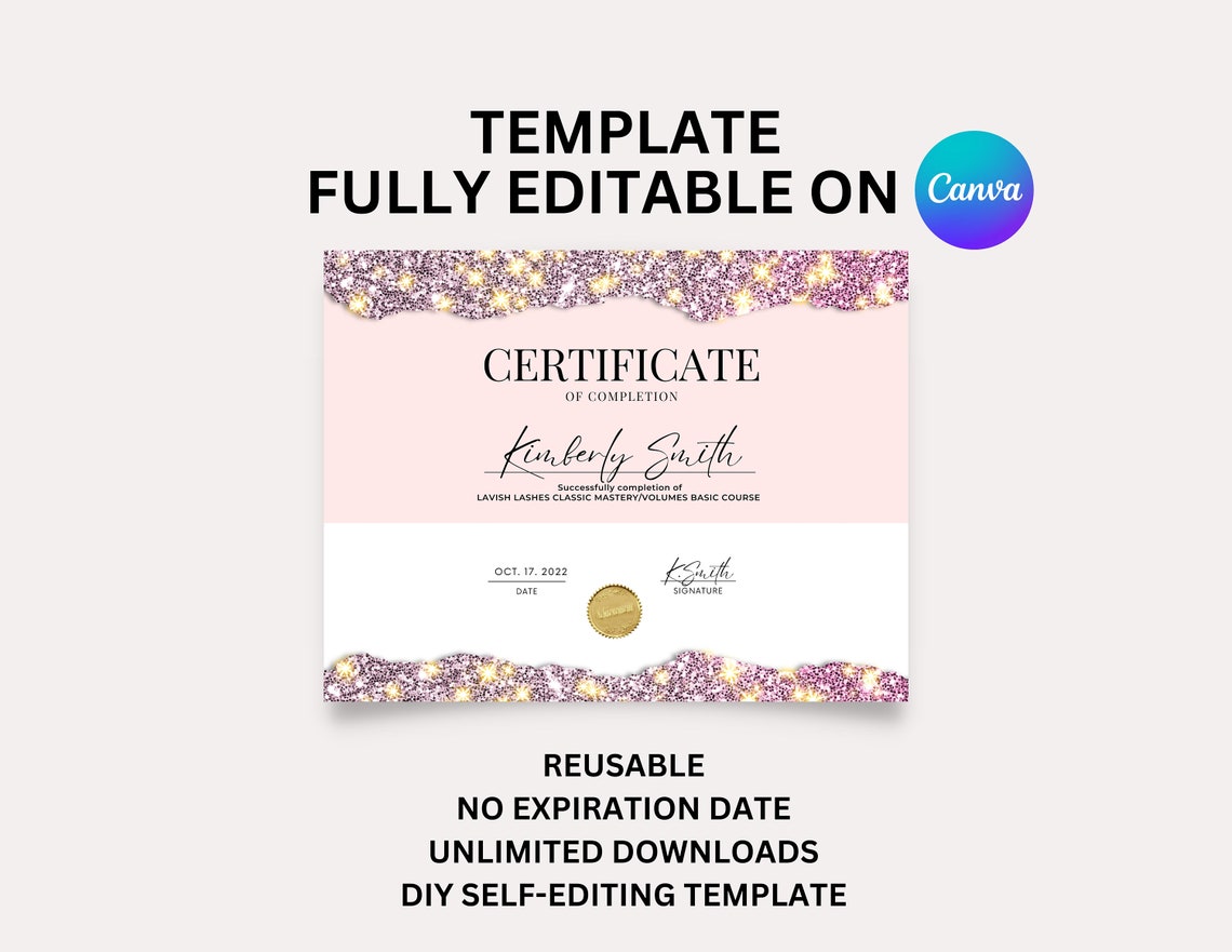 Editable Certificate of Completion Template Glitter Custom - Etsy