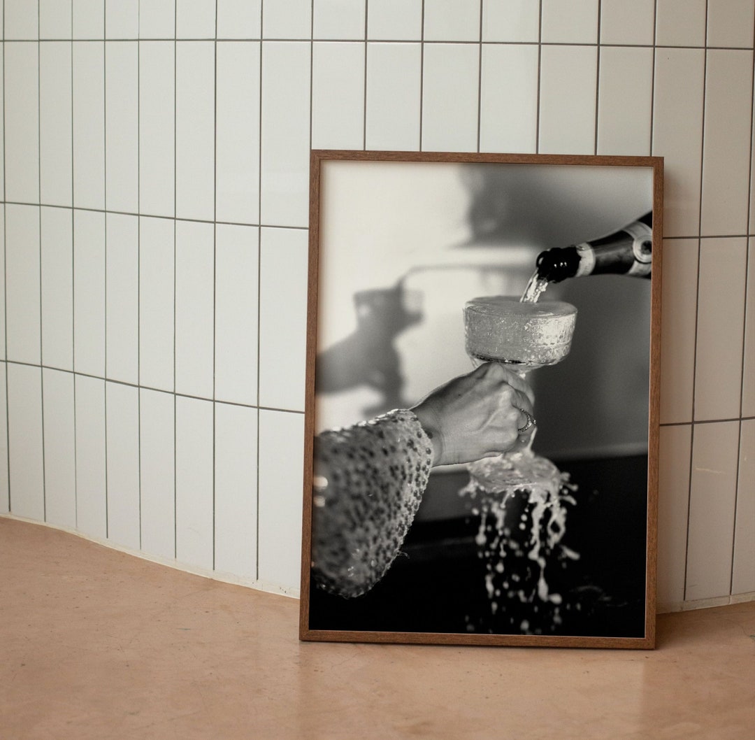 Champagne Print, Black White Champagne Poster, Champagne Bar Cart ...