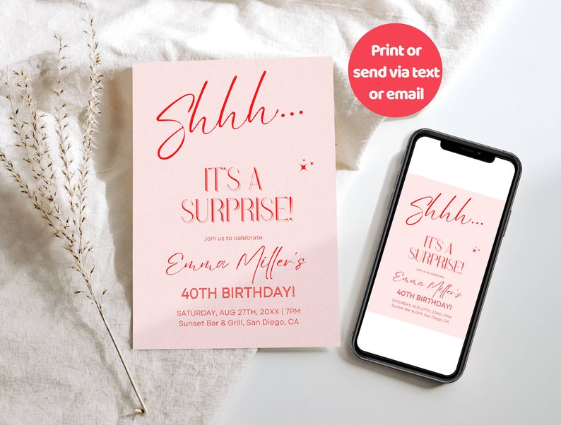 Pink Birthday Surprise Party Invitation Printable Red - Etsy