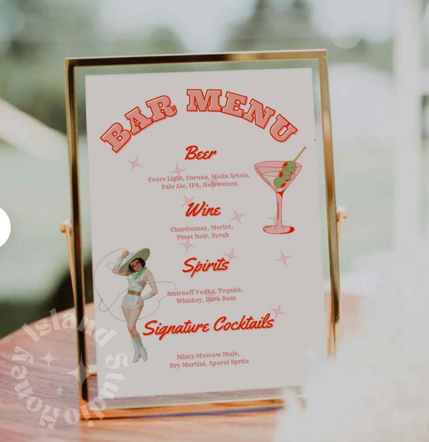 Cowgirl Bar Menu, Western Drinks Menu, Rodeo Bachelorette Party ...
