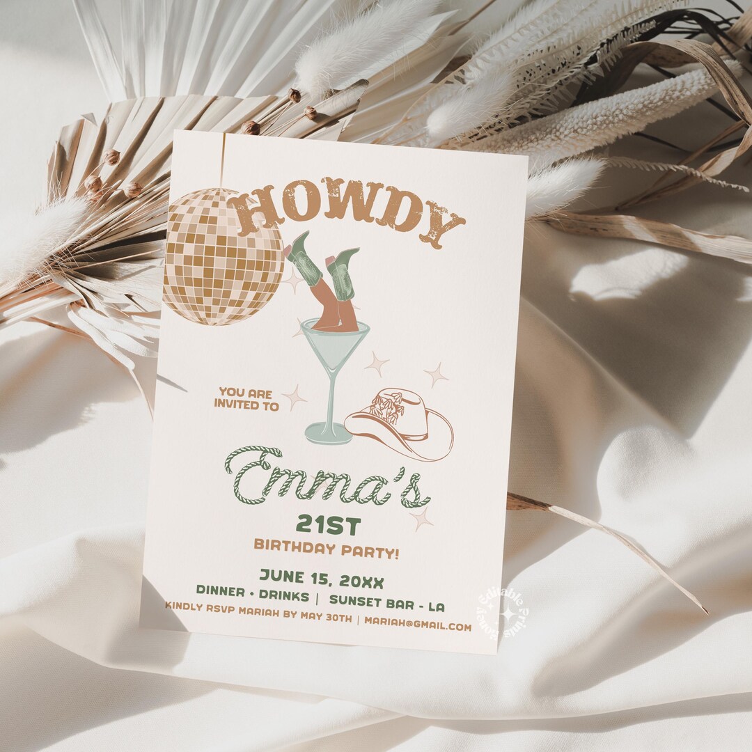 Howdy Martini Birthday Cowgirl Party Template, Howdy Editable ...