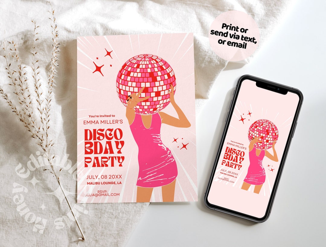 Disco Birthday Template, Trendy Retro Disco Invitation, Disco Girl ...