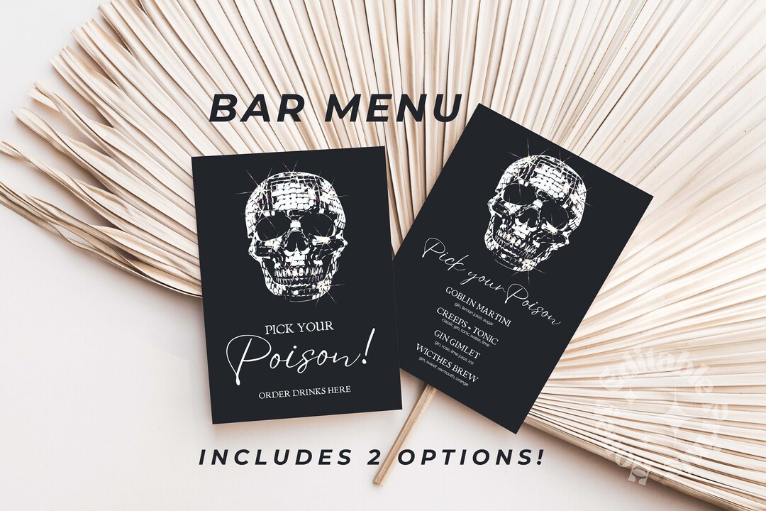 Pick Your Poison Bar Menu Template, Disco Skull Bar Menu Pink ...