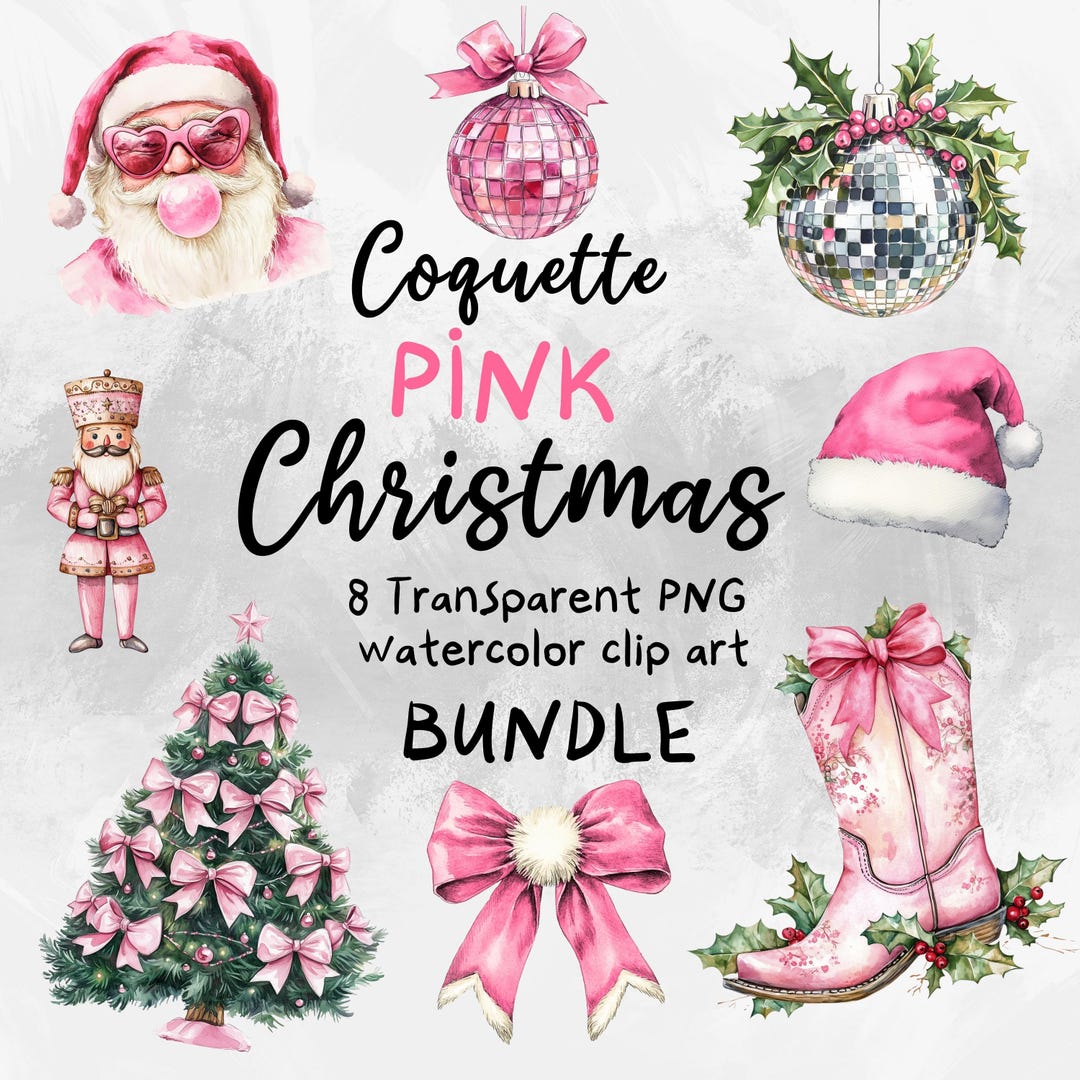 Coquette Pink Christmas Bundle PNG, Santa Bubble Gum Illustration ...