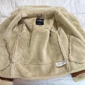 Hollister Faux Suede / Fur Brown Cream Aviator Bomber Jacket - Size XS ...