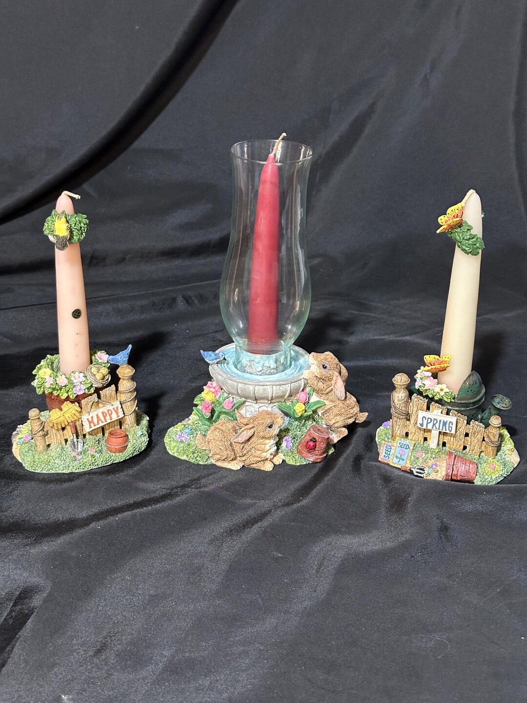 Vintage Happy Spring 6pc Candle Holder Figurines Centerpiece Hurrican ...