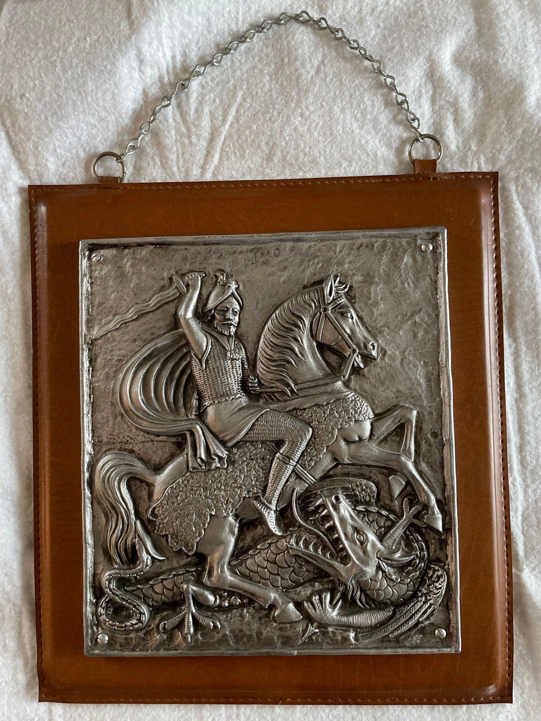 Knight Slaying a Dragon Bound on Leather Frame Vintage Circa 1960’s ...