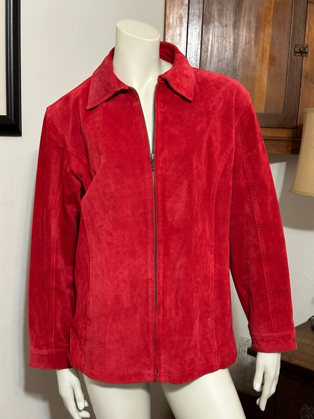 Chicos Red Suede Leather, Lined, Zip Front With Pockets Women’s Jacket ...