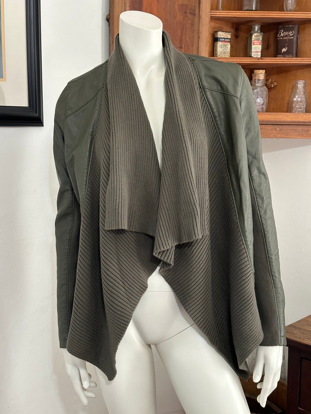 Blank NYC Faux Leather Drape Open Jacket Ribbed Knit Olive Green - Size ...