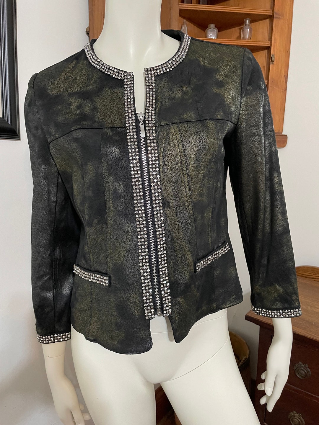Insight New York Faux Leather With Rhinestone Trim Jacket - Size 6 - Etsy