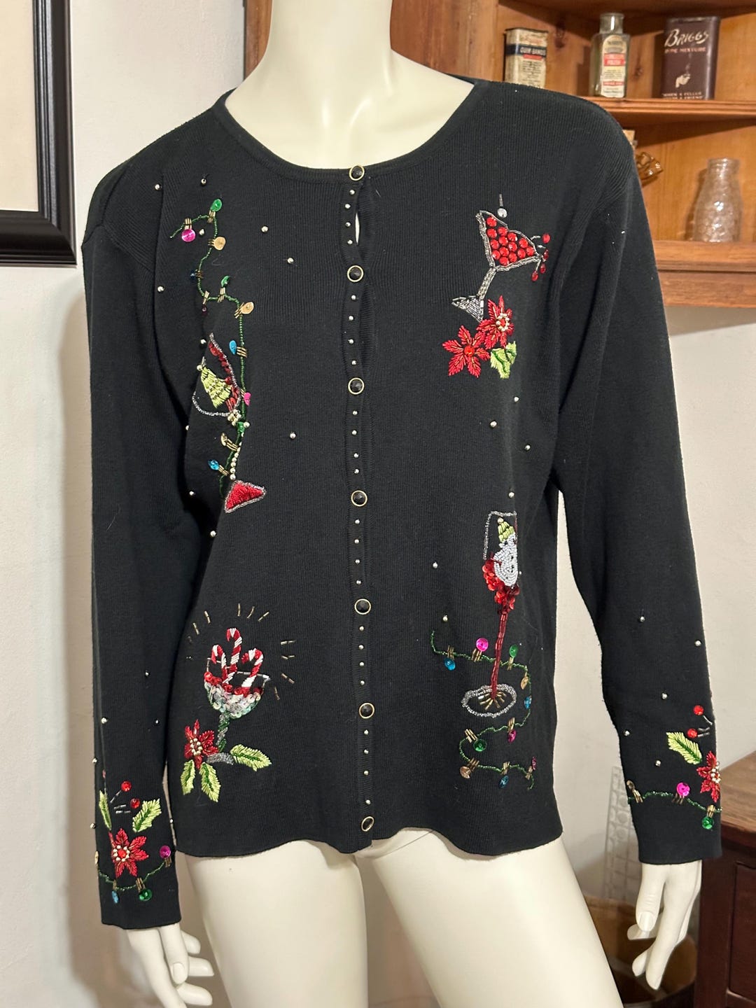 Vintage 90’s KIKIT Embroidered Beaded Sequined Holiday Cardigan Sweater ...
