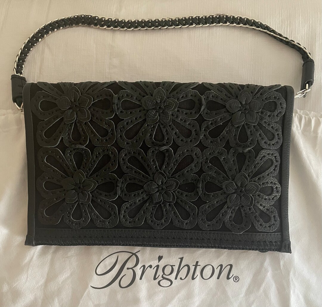 Brighton Elain Black Soft Leather Floral Shoulder Purse With Storage ...