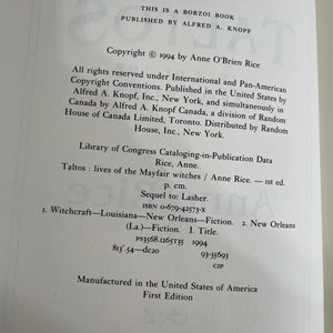 Taltos Lives of the Mayfair Witches by Anne Rice Harcover First Edition ...