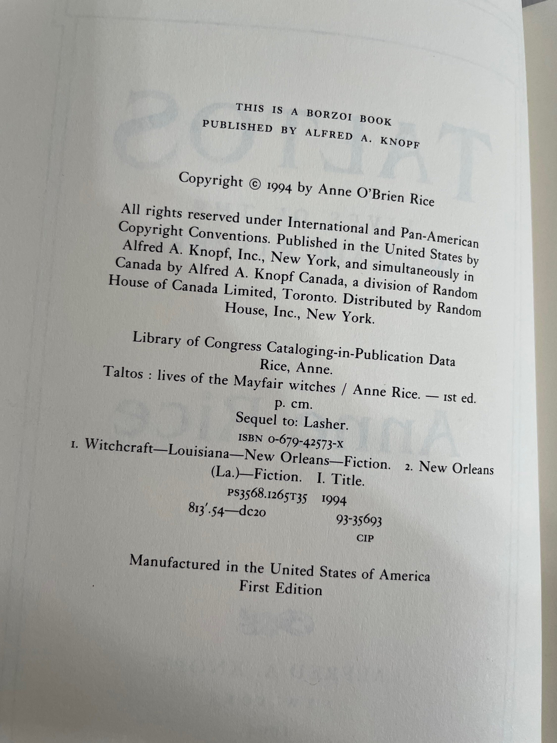 Taltos Lives of the Mayfair Witches by Anne Rice Harcover First Edition ...