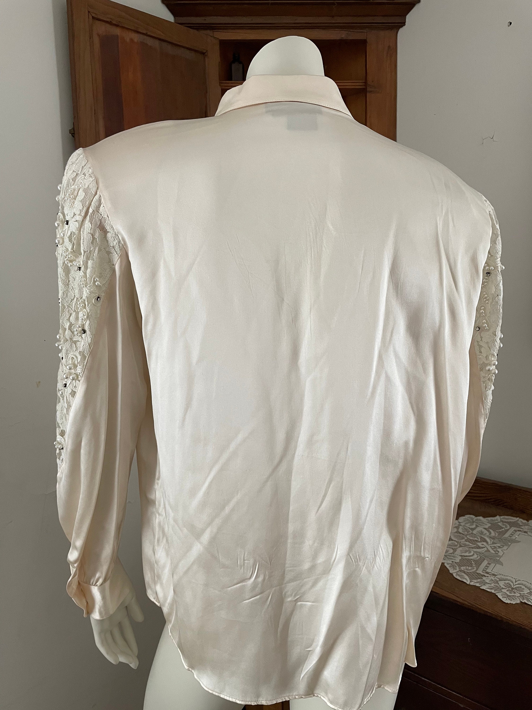 Vintage Lim Ying Ying 100% Silk Cream Blouse With Lace & Pearl Sleeves ...