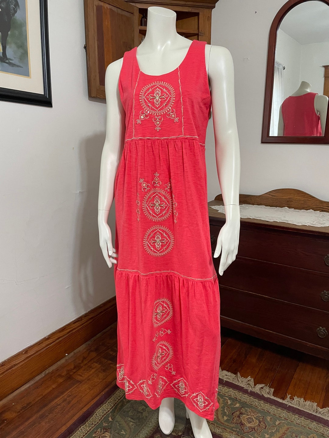 Vintage 90’s J Jill Coral Sundress With Tan Embroidery -size S - Etsy