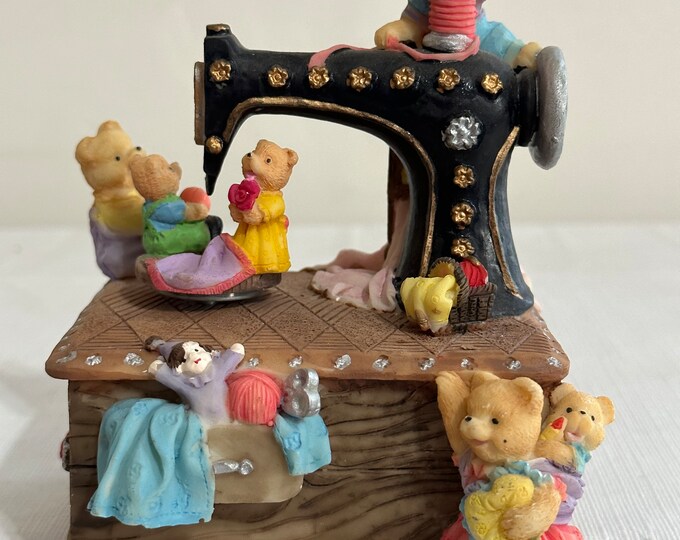 Vintage Resin Animated Sewing Machine Music Box With Bears Plays the ...