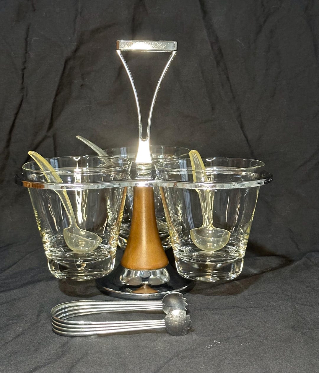 Mid Century Modern Wood, Chrome and Glass Condiment Caddy With Spoons ...