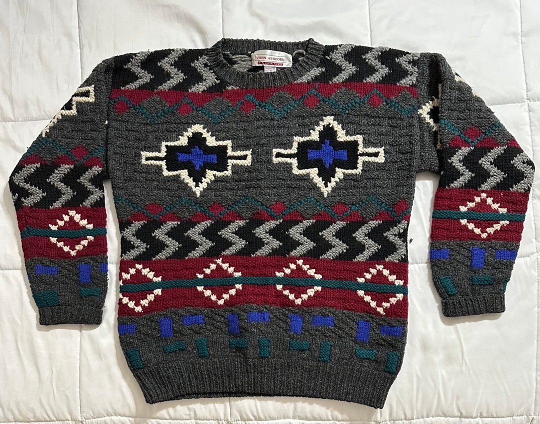 Vintage John Ashford Hand Knit Chunky Thick 100% Wool Southwest Aztec ...